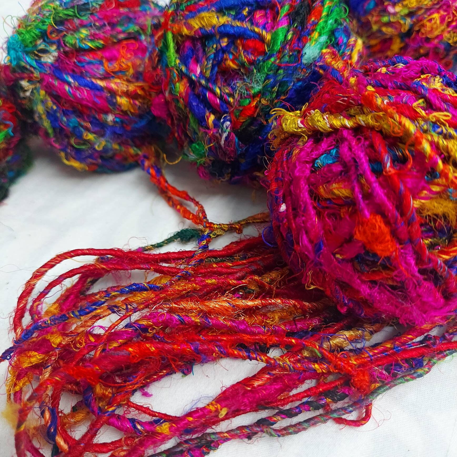 Recycled Handspun Sari Silk Fibre Yarn, Multicolored Yarn, Sari Silk ...