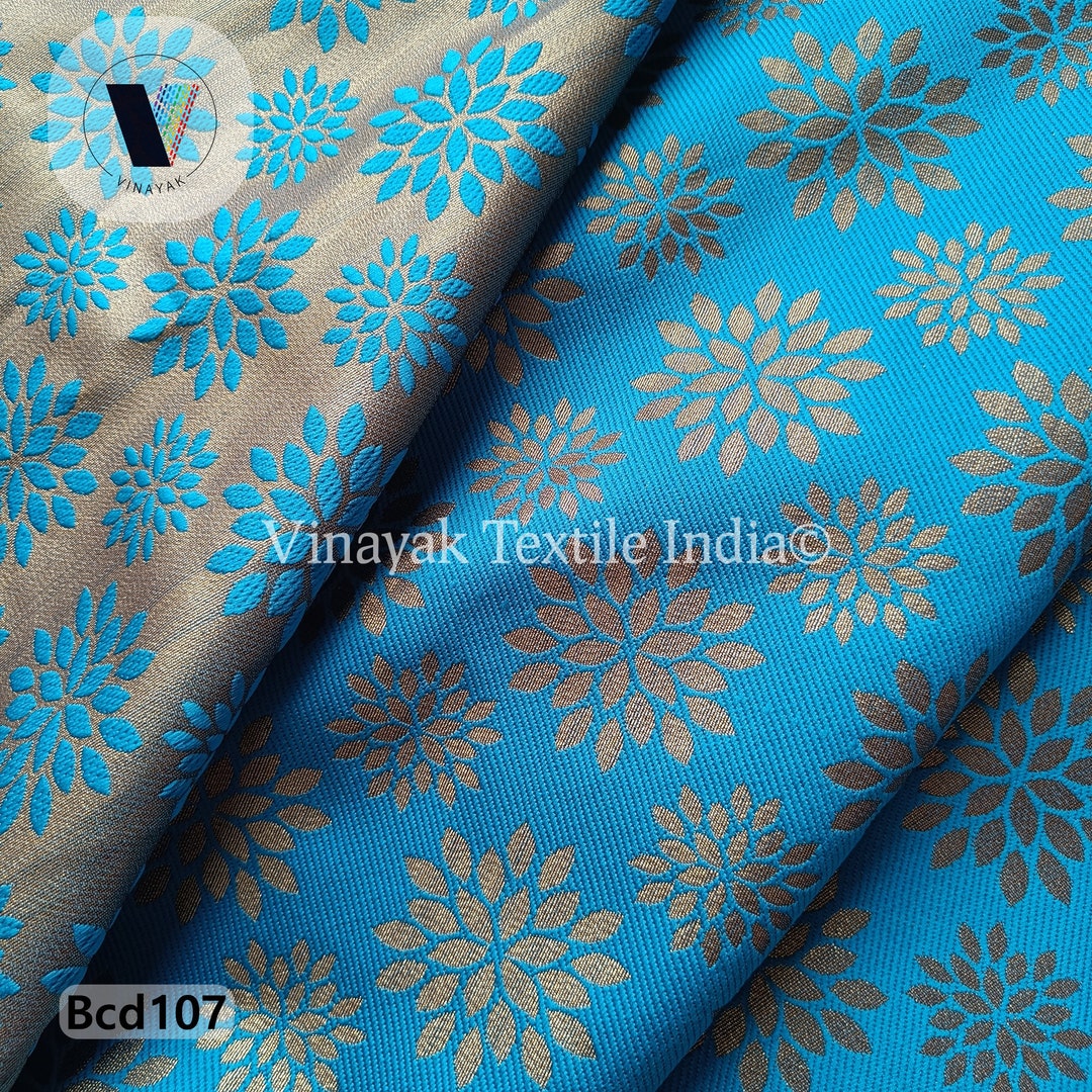 48" Width Turquoise Brocade by the Yard, Art Silk Banaras Brocade ...