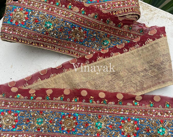Beaded Indian Sari Trim: Red, Blue, Gold Embroidery, Upcycled Textile ...