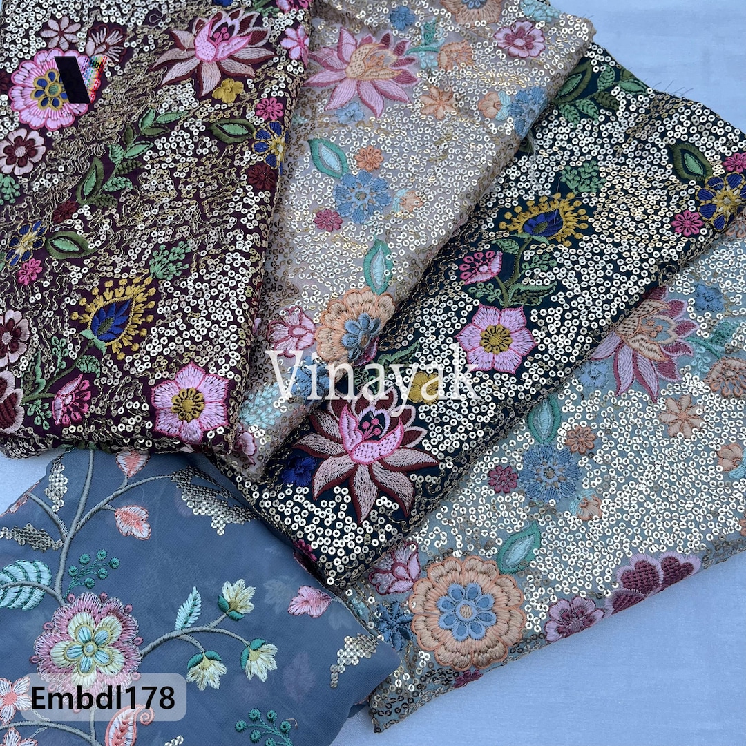 5 Piece Embroidery 17"x44" Green Magenta Gray Georgette Sari Fabric ...