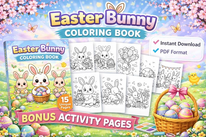 Easter Bunny Coloring Book for Kids, 15 Unique Designs, Printable PDF ...
