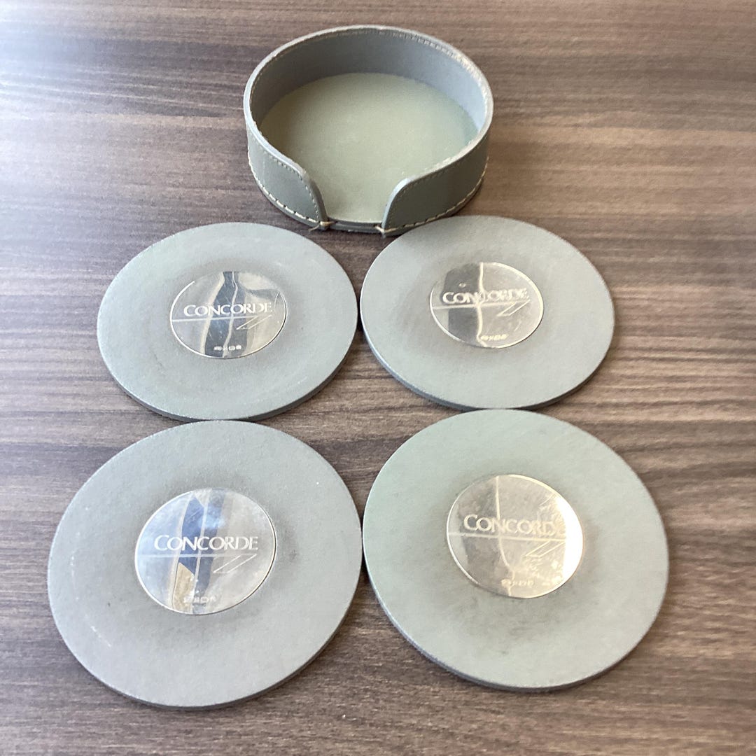 Vintage Concorde Sterling Silver & Leather Coasters in Original Holder ...