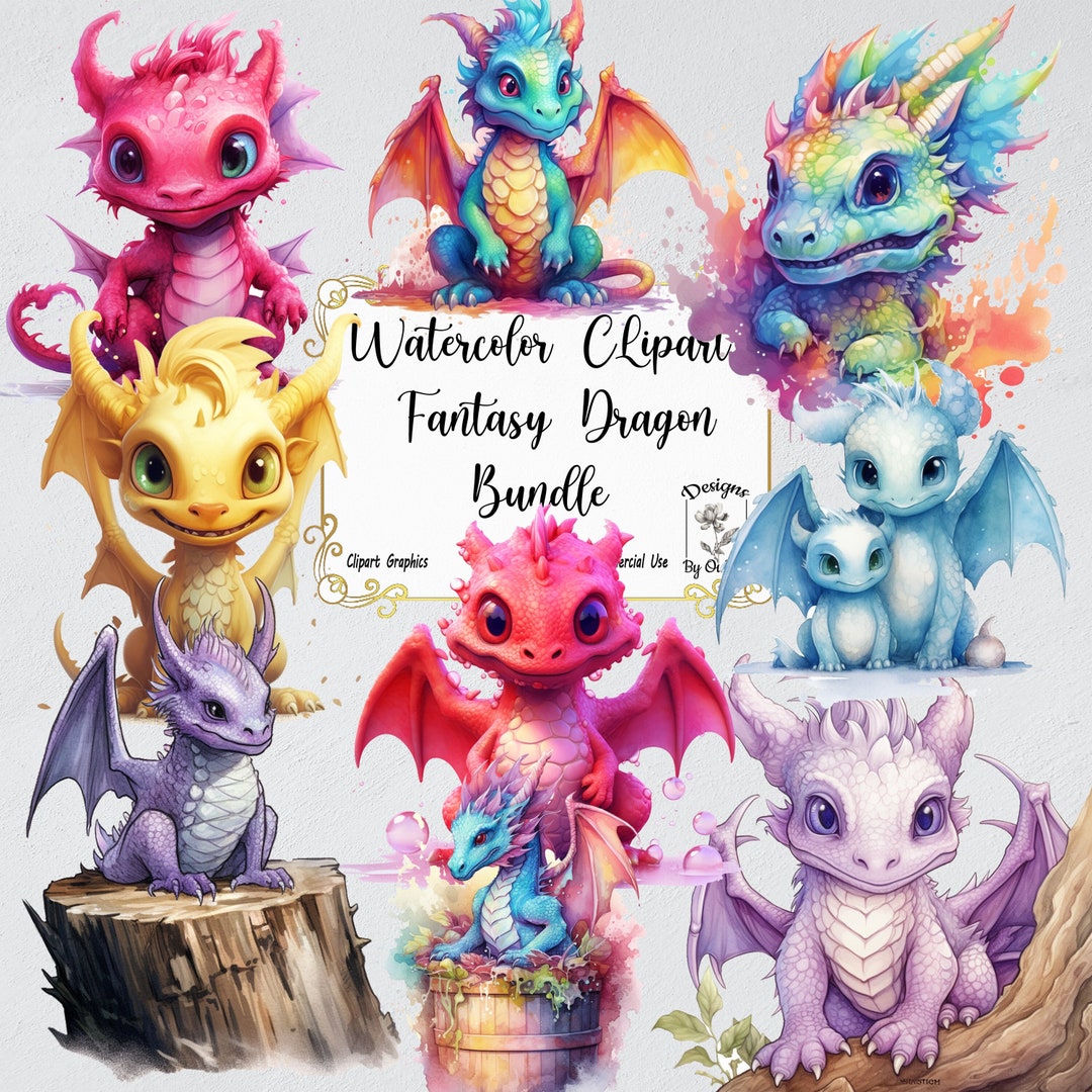 122 Watercolor Colorful Fantasy Dragon Clipart Bundle High Quality Pngs ...