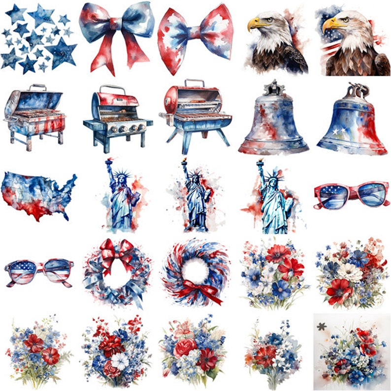 Watercolor Fourth of July Clipart, Mega Bundle High Quality Pngs ...
