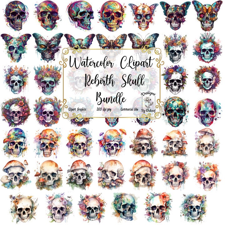 48 Rebirth Skull Watercolor Clipart Bundle High Quality Pngs | Floral ...