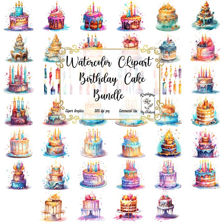 80 Birthday Cake Watercolor Clipart Bundle | High Quality Pngs ...