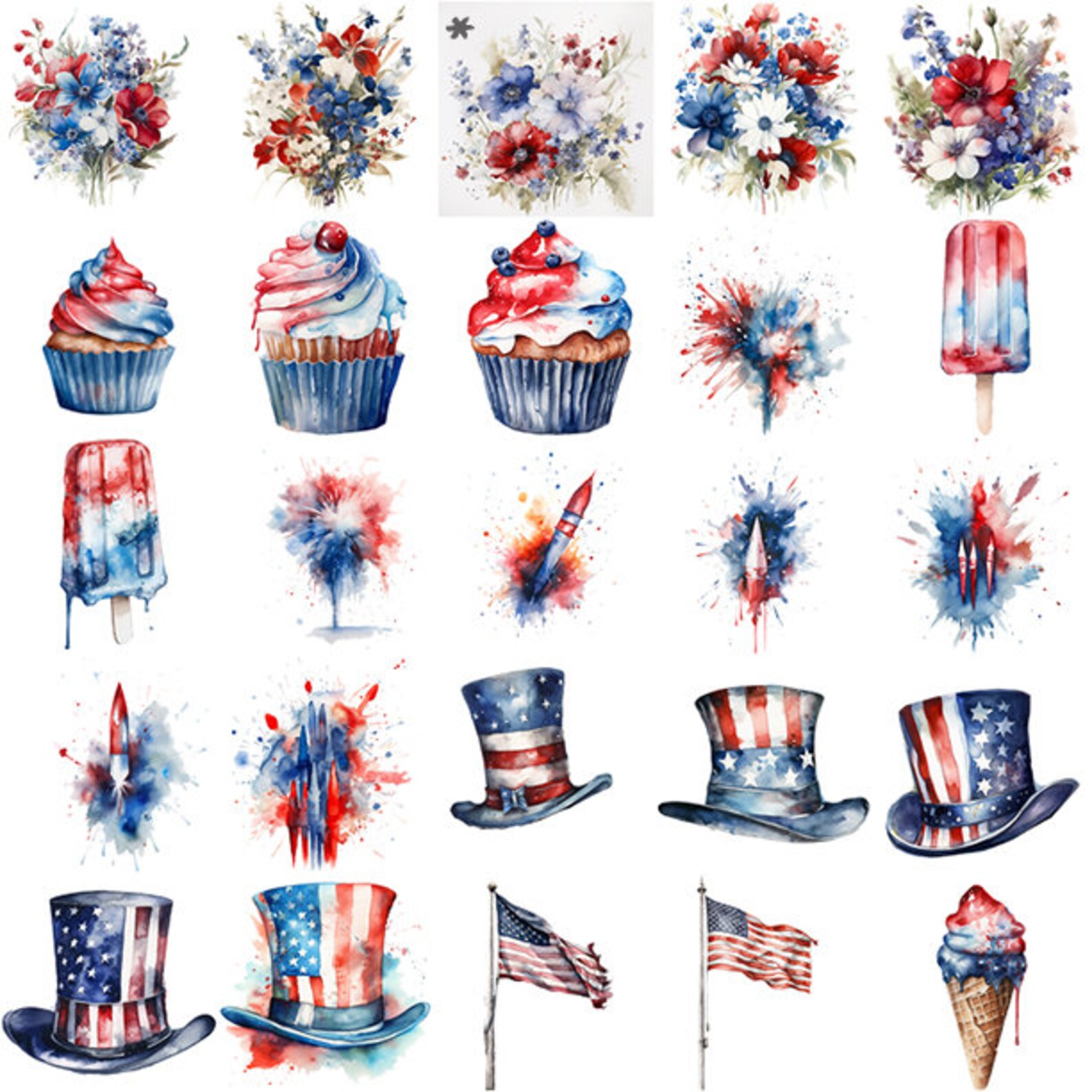 Watercolor Fourth of July Clipart, Mega Bundle High Quality Pngs ...