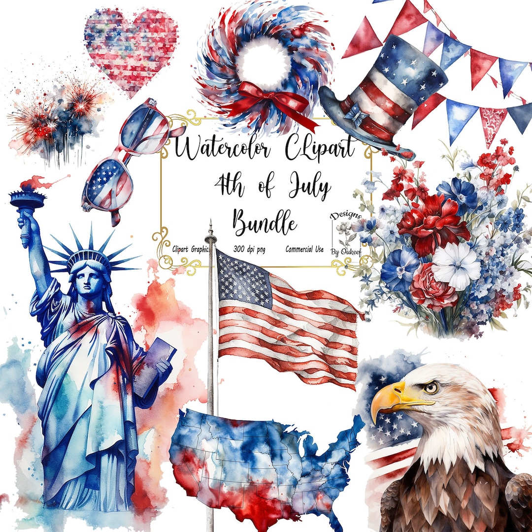 Watercolor Fourth of July Clipart, Mega Bundle High Quality Pngs ...