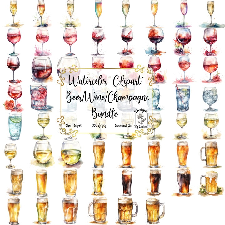 62 Watercolor Beer, Wine, and Champagne Bundle High Quality Pngs ...
