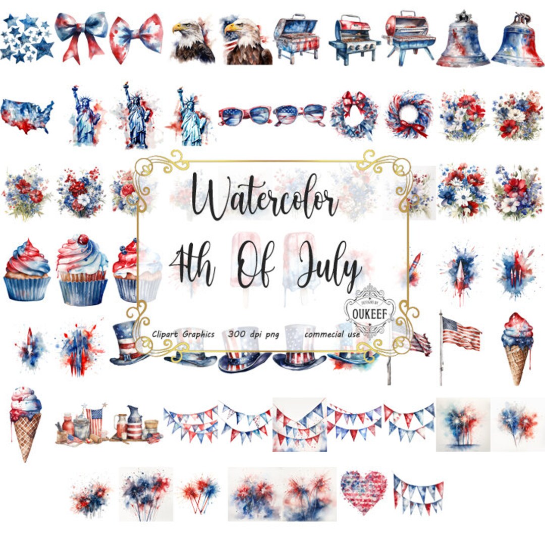 Watercolor Fourth of July Clipart, Mega Bundle High Quality Pngs ...