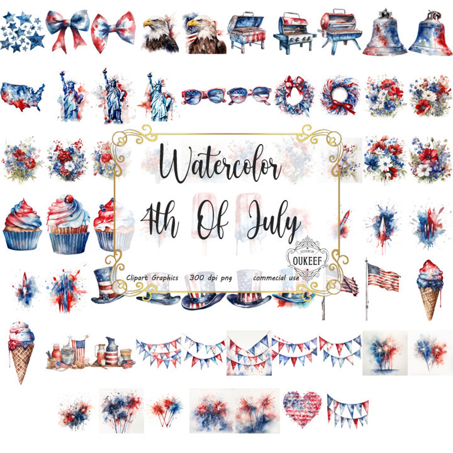 Watercolor Fourth of July Clipart, Mega Bundle High Quality Pngs ...