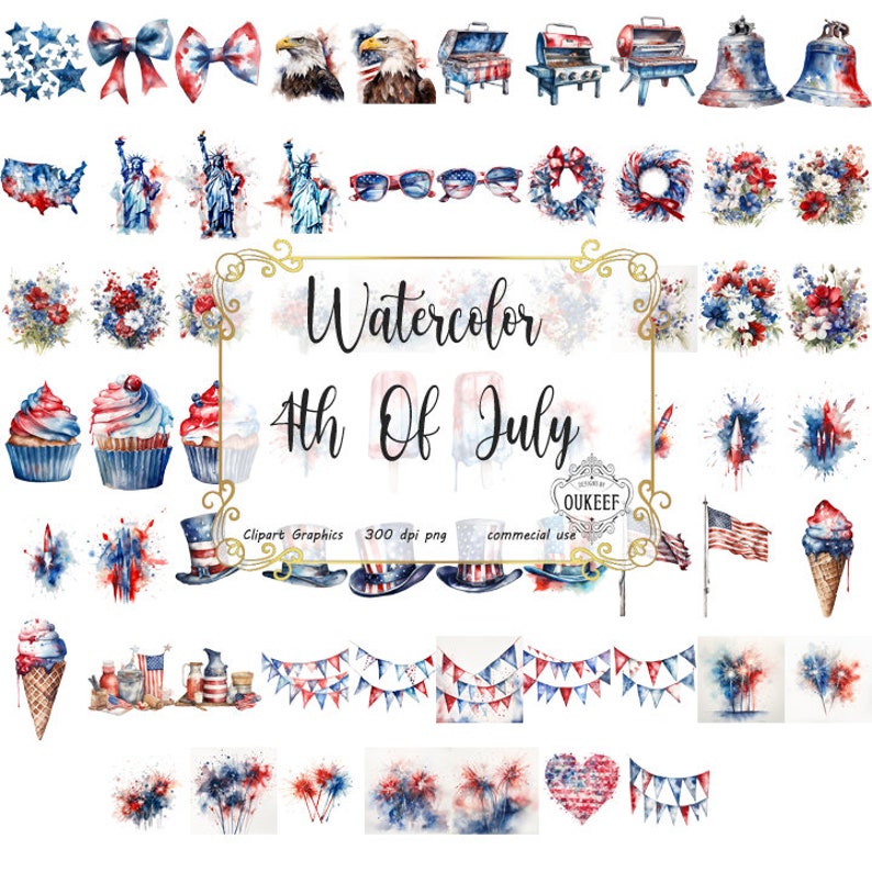Watercolor Fourth of July Clipart, Mega Bundle High Quality Pngs ...