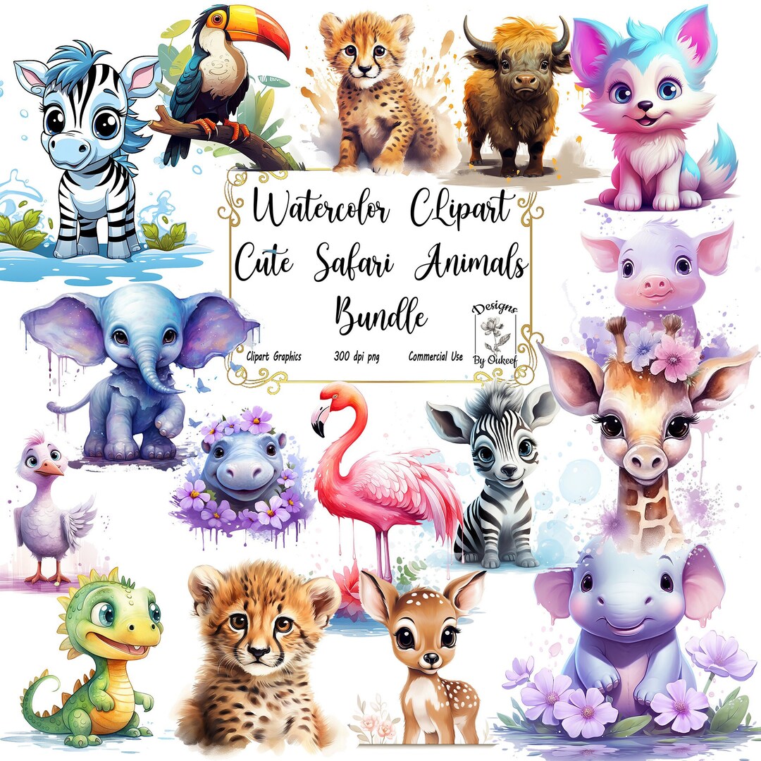 275 Cute Safari Animal Clipart Mega Bundle High Quality Pngs | Cute ...