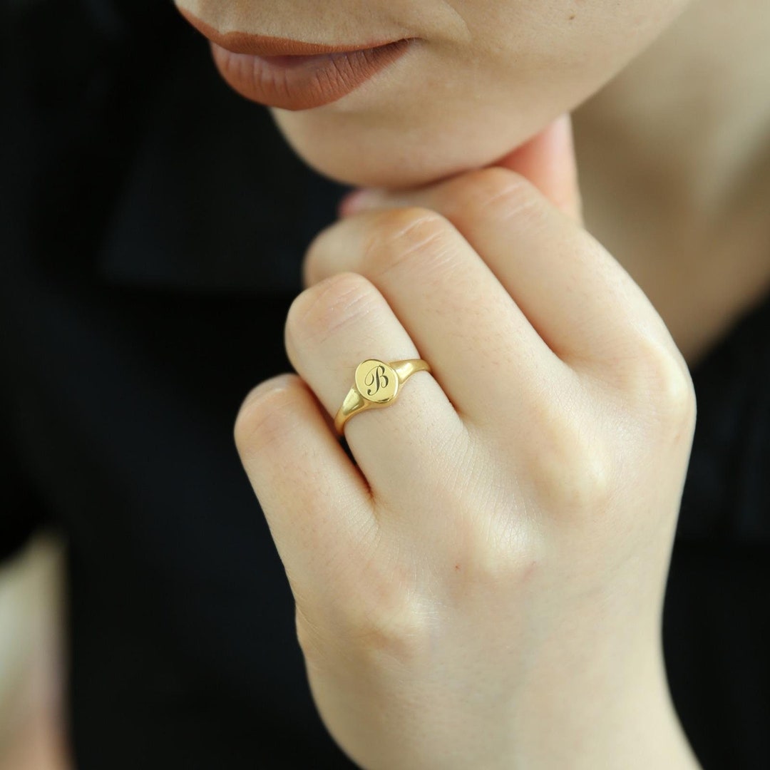 14k Gold Initial Signet Ring,custom Initial Ring,personalized Ring ...