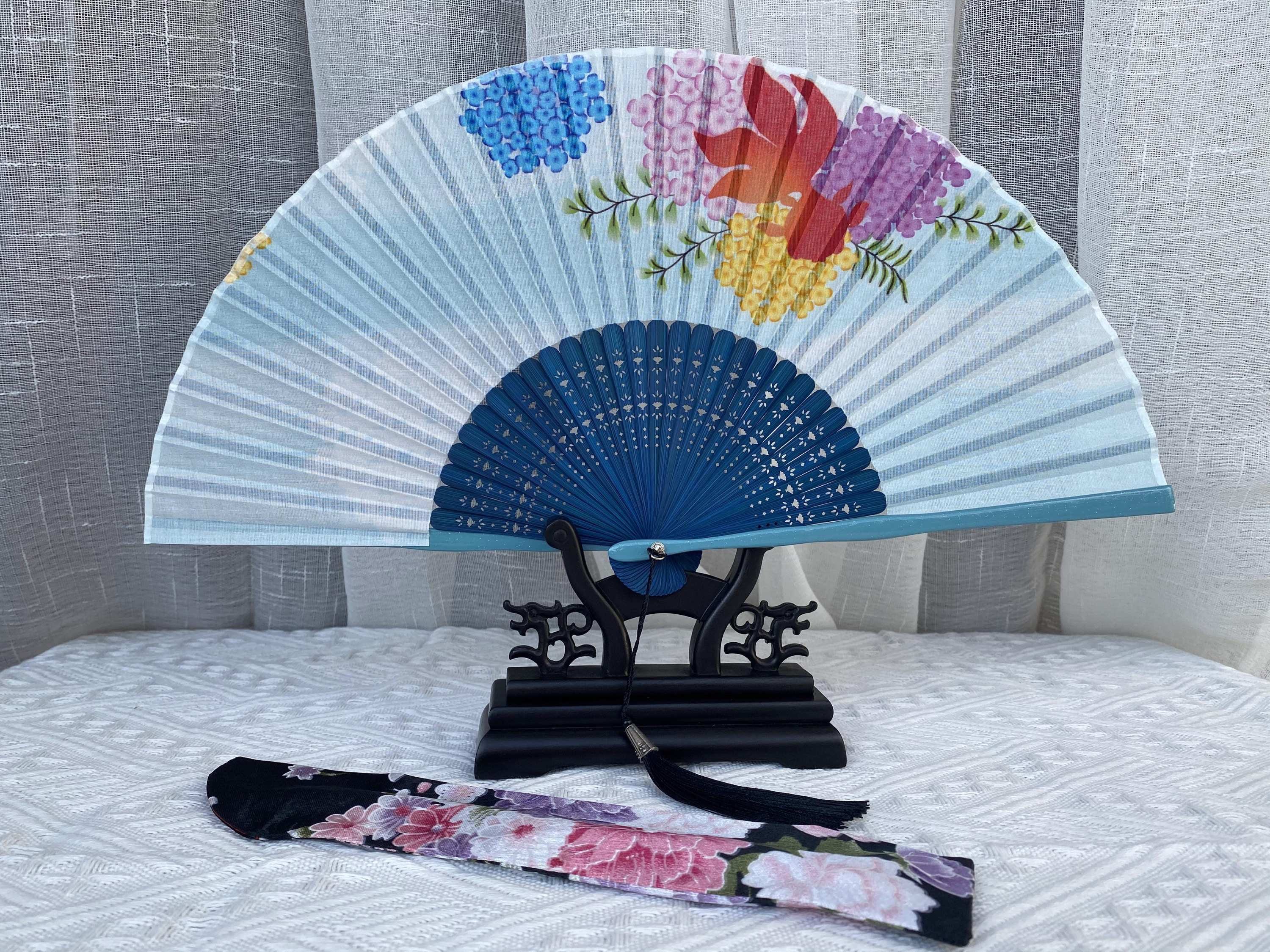 Blue Flower Pattern Folding Fanbeautiful and Elegant Silk - Etsy