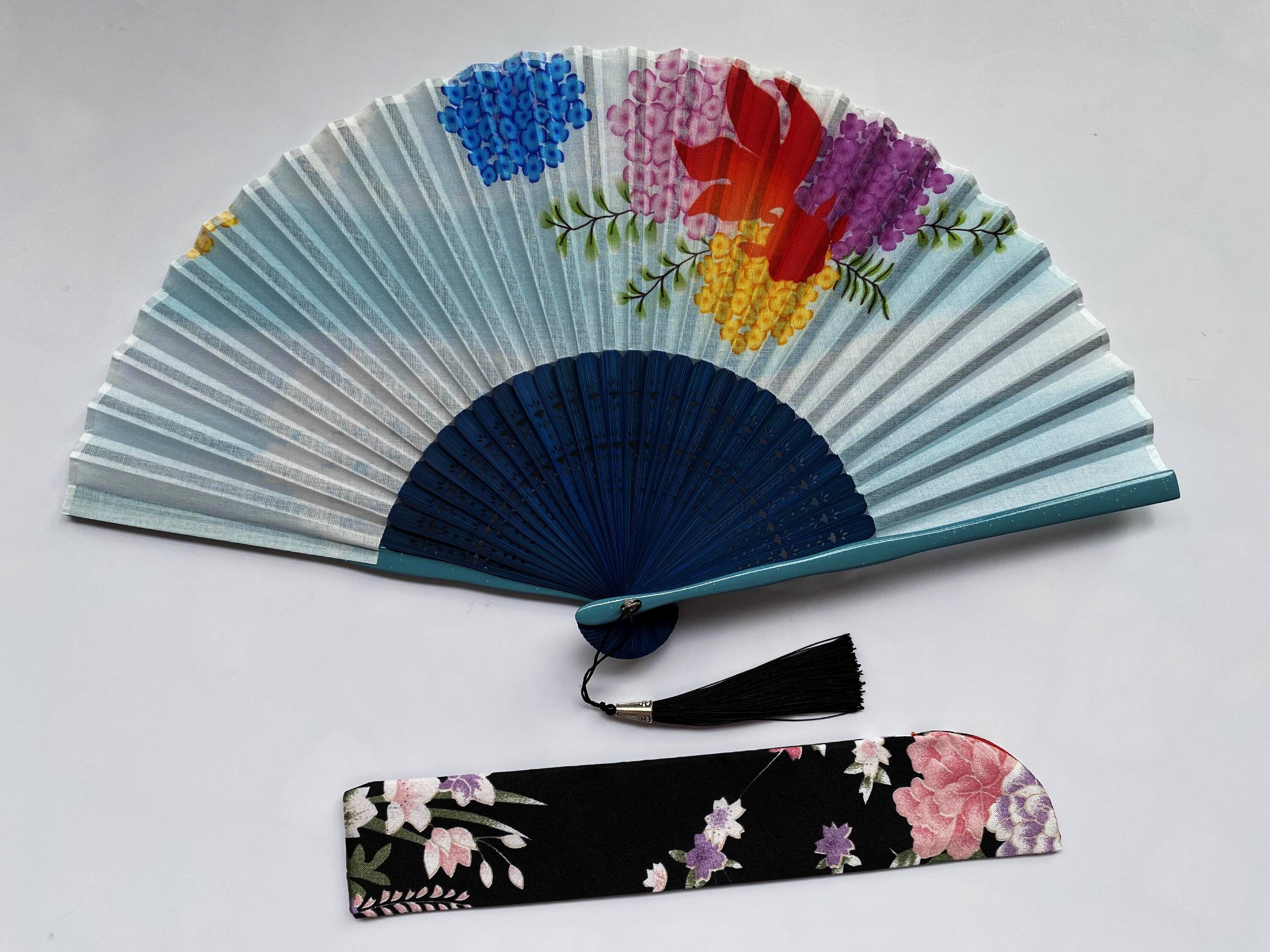 Blue Flower Pattern Folding Fanbeautiful and Elegant Silk - Etsy