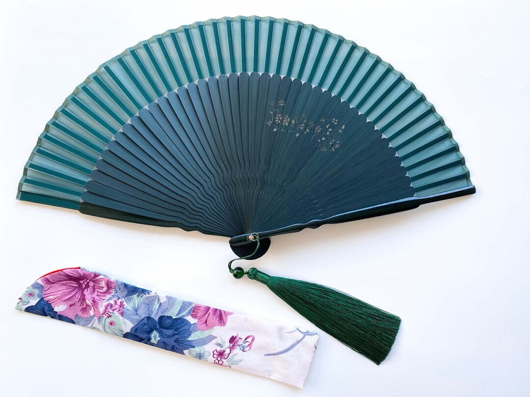 Beautiful Flower Carving Pattern Folding Fan, Elegant Green Folding Fan ...
