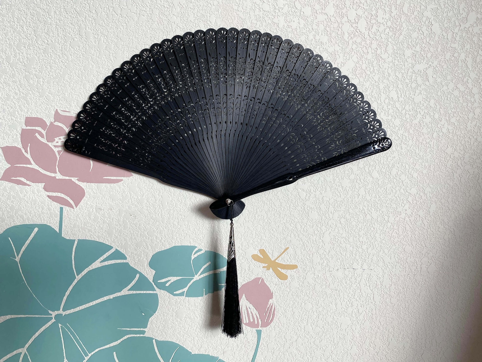 Black Hand Fan With Beautiful Peacock Motif With Wood Stand - Etsy