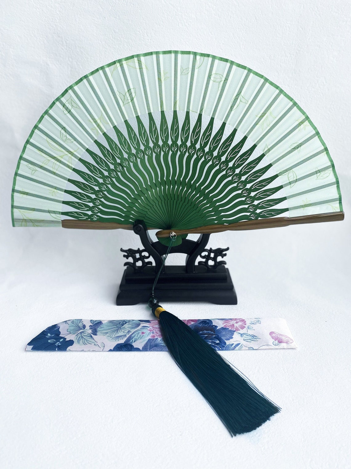 Beautiful Green Leaf Pattern Folding Fan Tree of Life Hand - Etsy