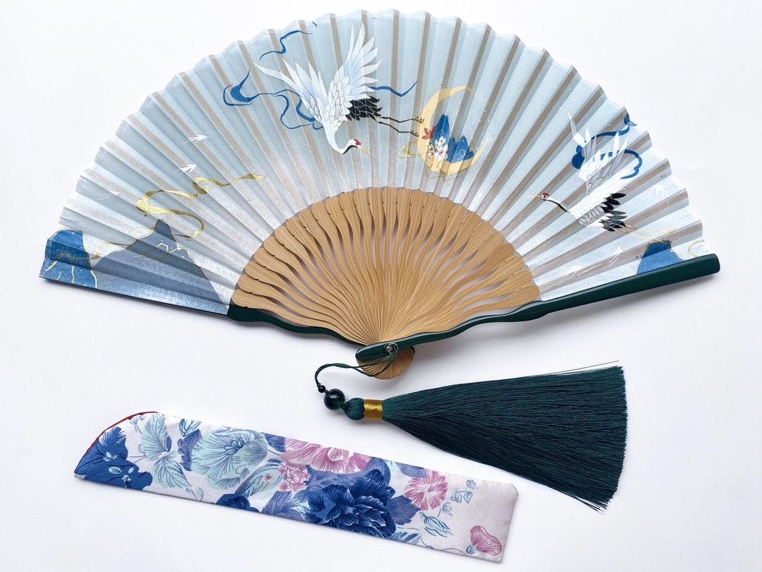 Beautiful Crane Moon Pattern Folding Fan, Elegant Bird Folding Fan ...