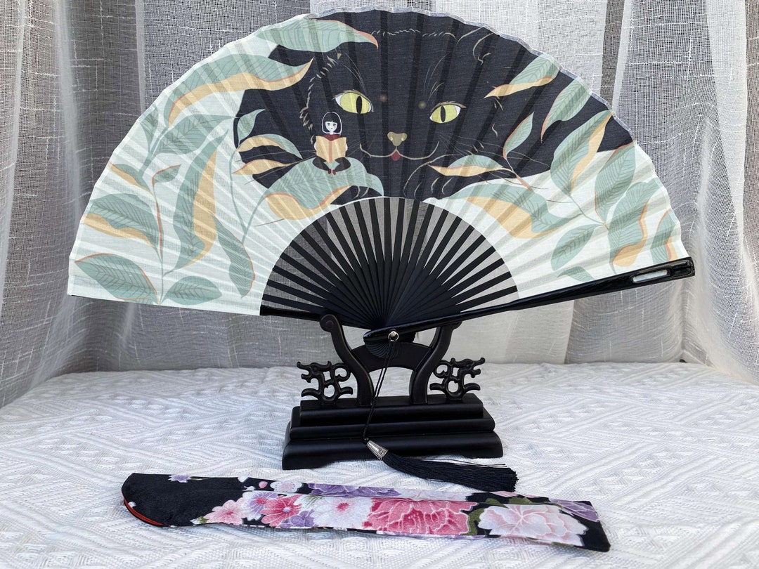 Beautiful Japanese Style Folding Fan, Cat Pattern Hand Fan, Elegant ...