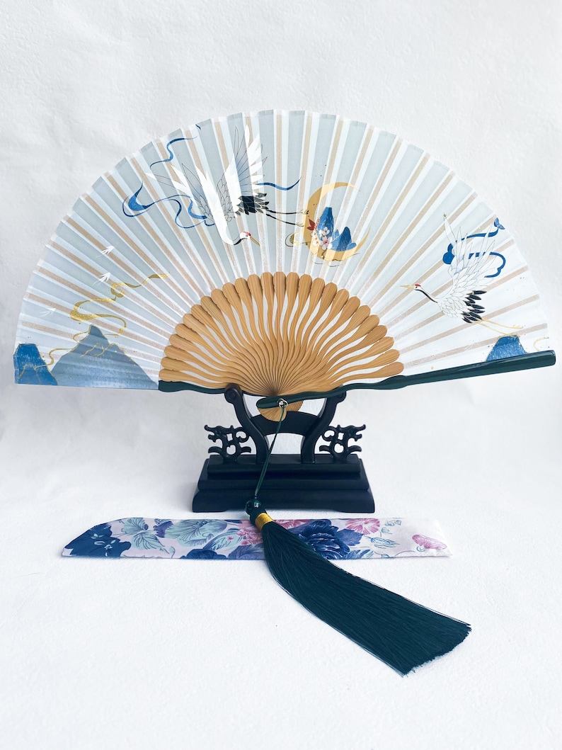 Beautiful Crane Moon Pattern Folding Fan, Elegant Bird Folding Fan ...