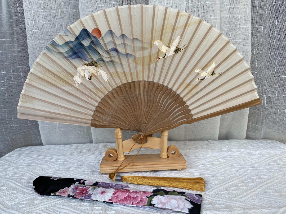 Beautiful Mountain Sunset Folding Fan,elegant Crane Folding Fan,parents ...