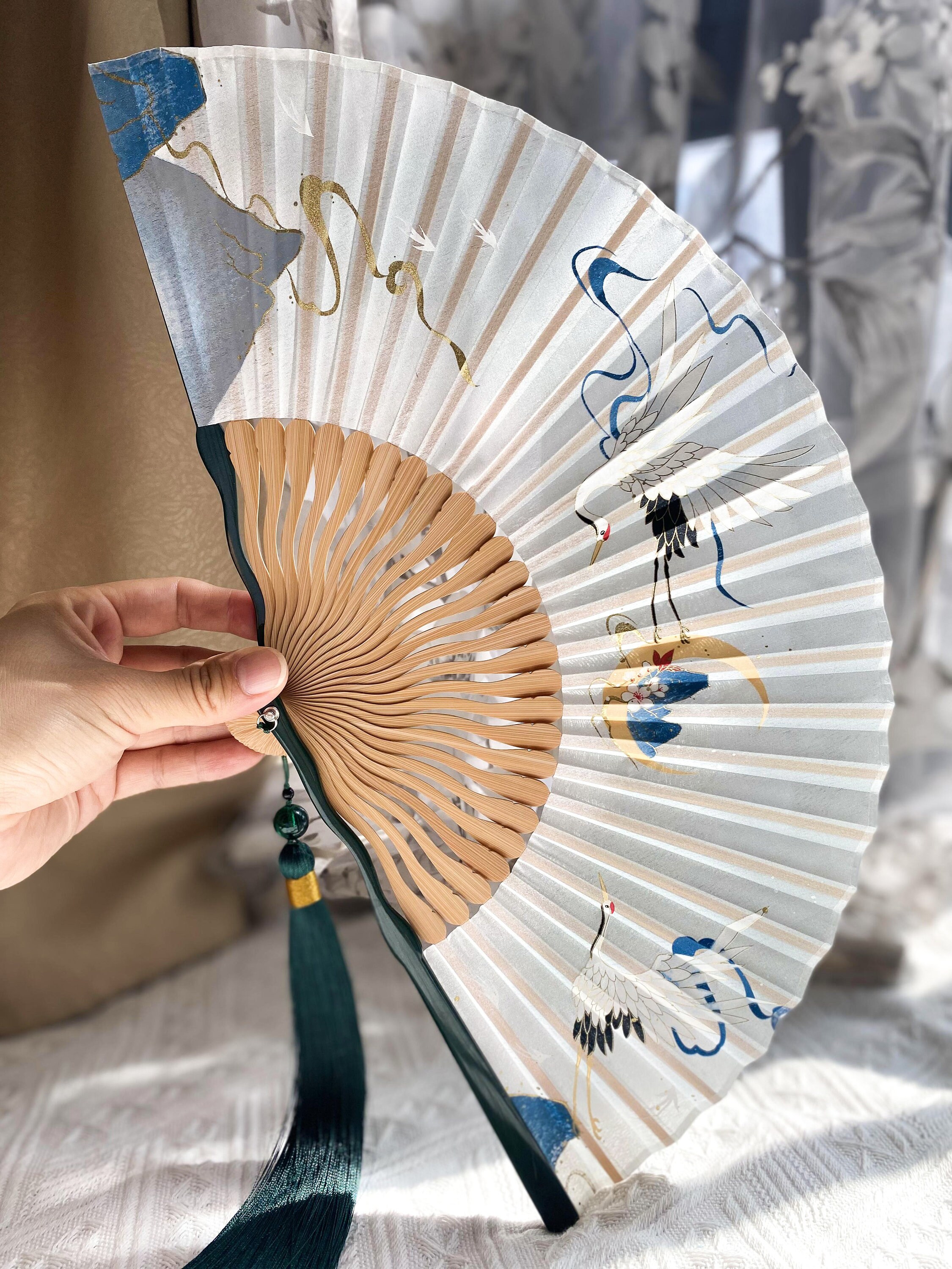 Beautiful Crane Moon Pattern Folding Fan Elegant Bird Folding - Etsy