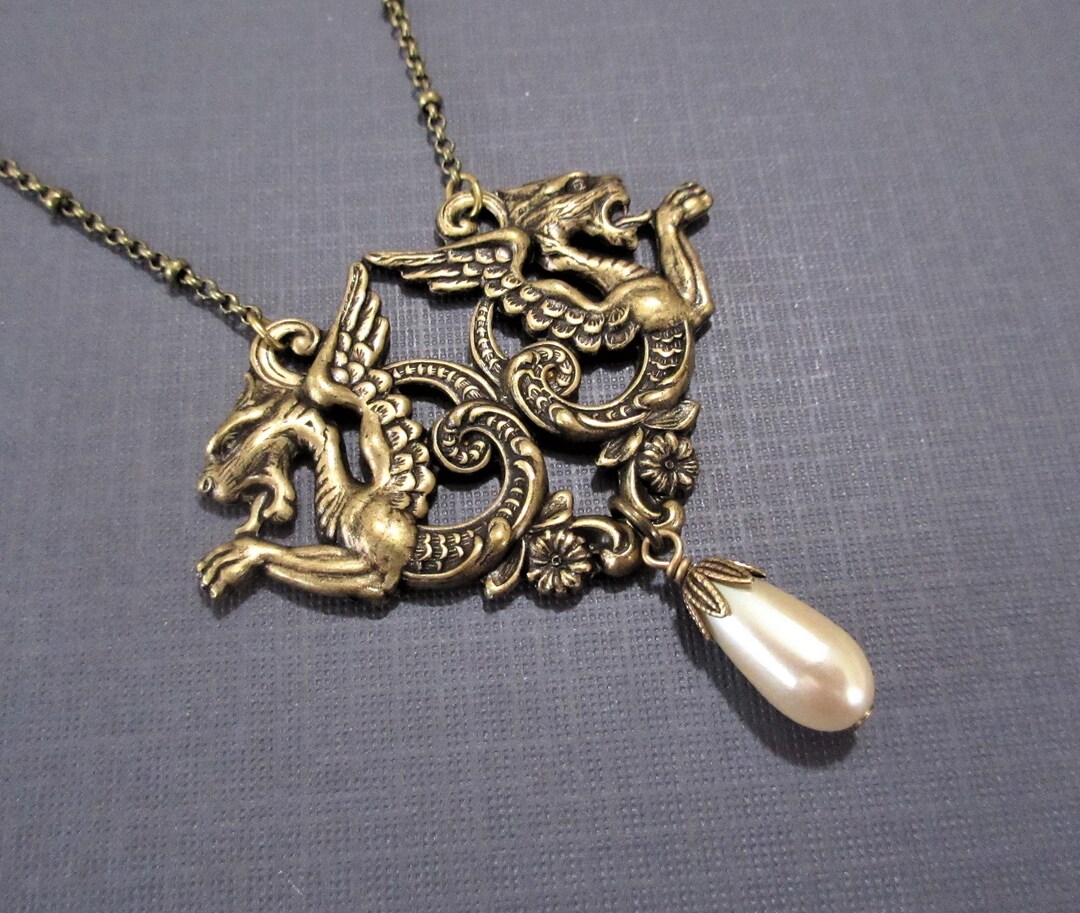 Winged Dragon Necklace Greek Mythology Antiqued Brass Fantasy Cosplay ...