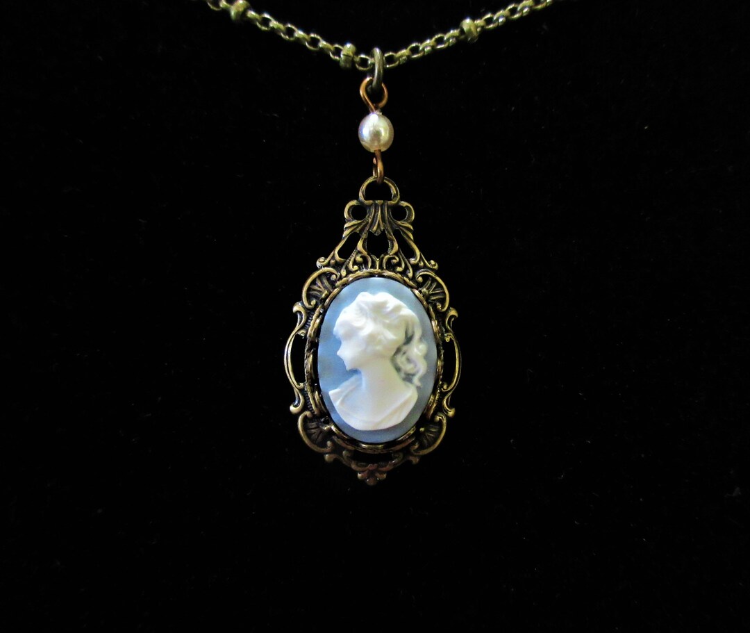 Blue Cameo Necklace Antiqued Brass Filigree Vintage Style Jewelry ...