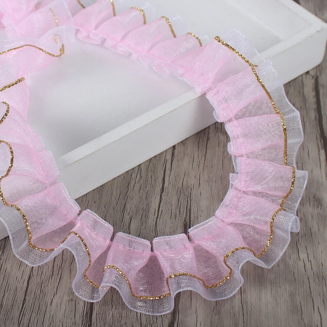 1 Inch Wide Pink/white/gold Edge Color Ruffled Lace Trim Price per Yard ...