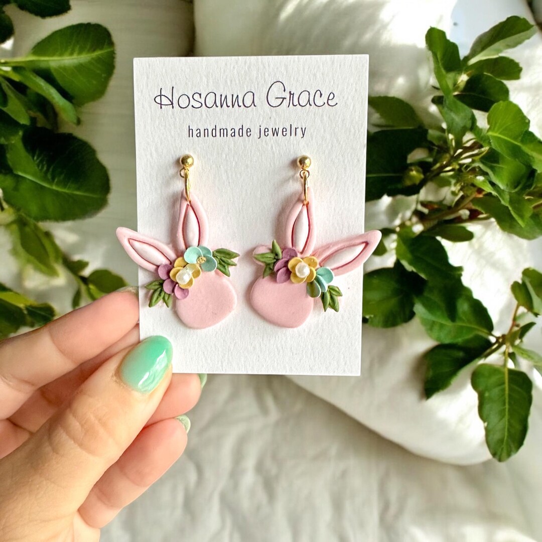 Easter Clay Earrings, Floral Rabbit Earrings Earrings for Easter ...