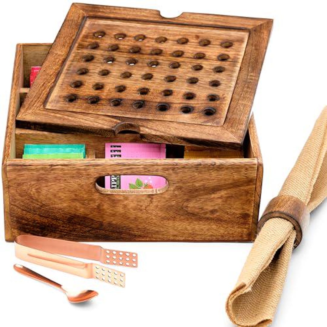 Teabag Wood Box With Tray Lid Darkburnt Finish 9 Compartment Storage ...