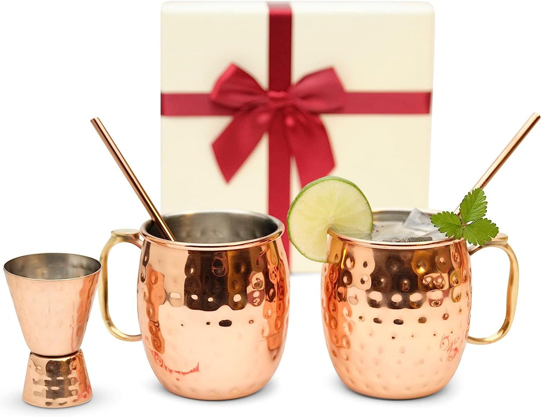 Handcrafted Copper Moscow Mule Mugs Set: Stainless Steel Lined, Straws ...