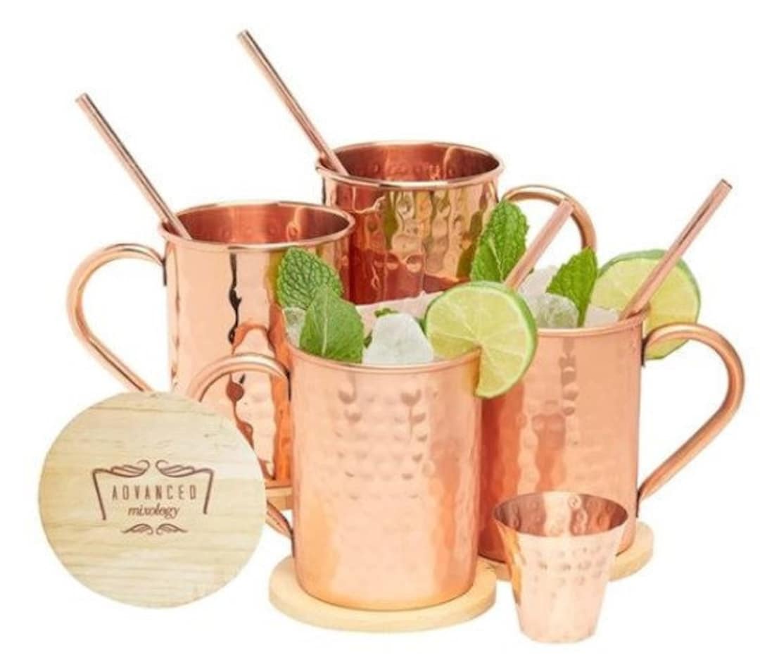 Pure Copper Classic Moscow Mule Mugs Set of 4 W/ 4 Straws, 4 Coasters ...