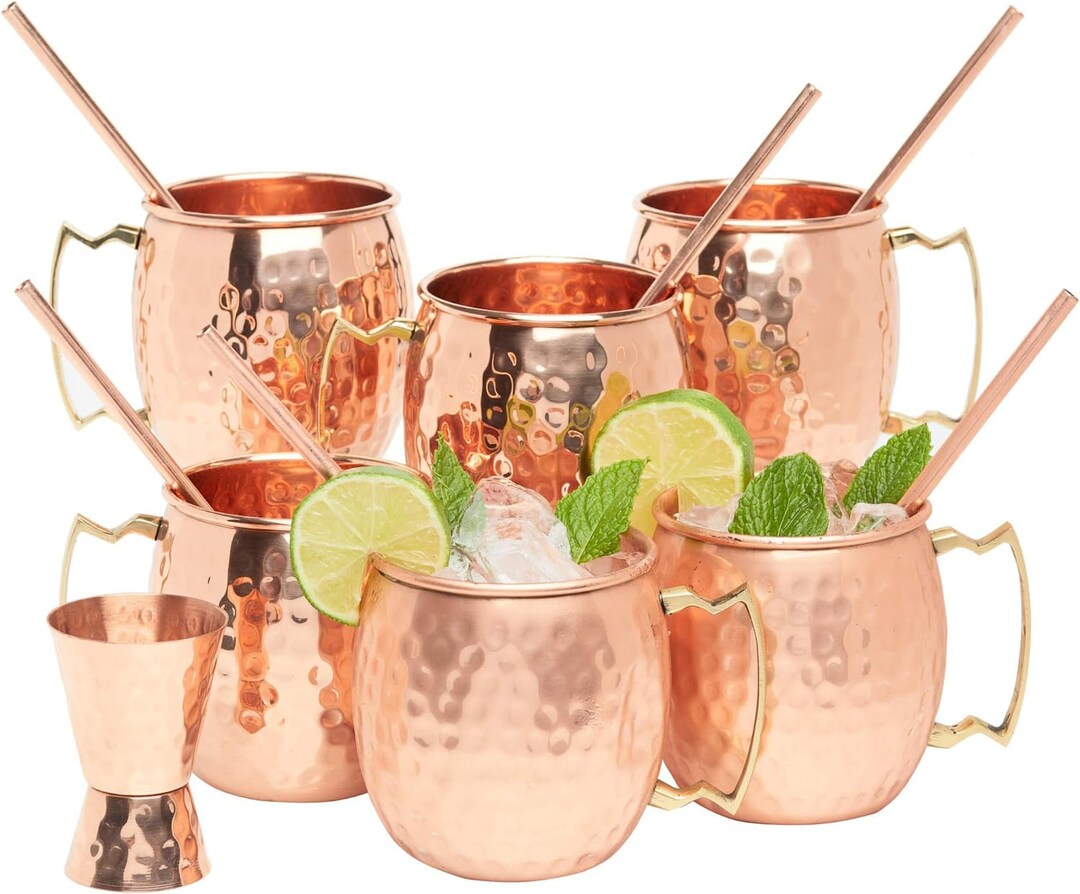 Pure Copper Moscow Mule Mugs Set of 6 (16oz) W/ 6 Straws & 1 Jigger ...