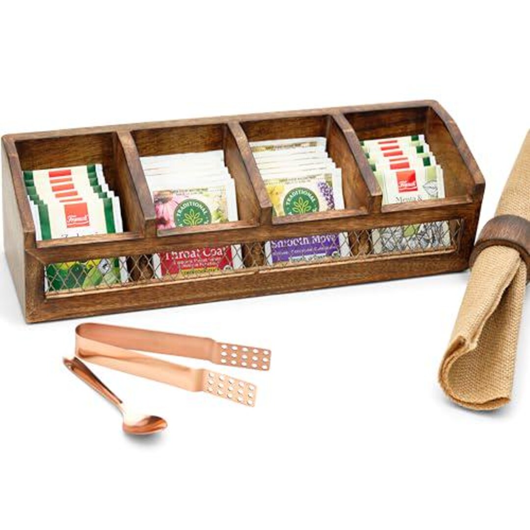 Teabag Box Wood Darkburnt Finish 4 Compartment Storage Accessories ...