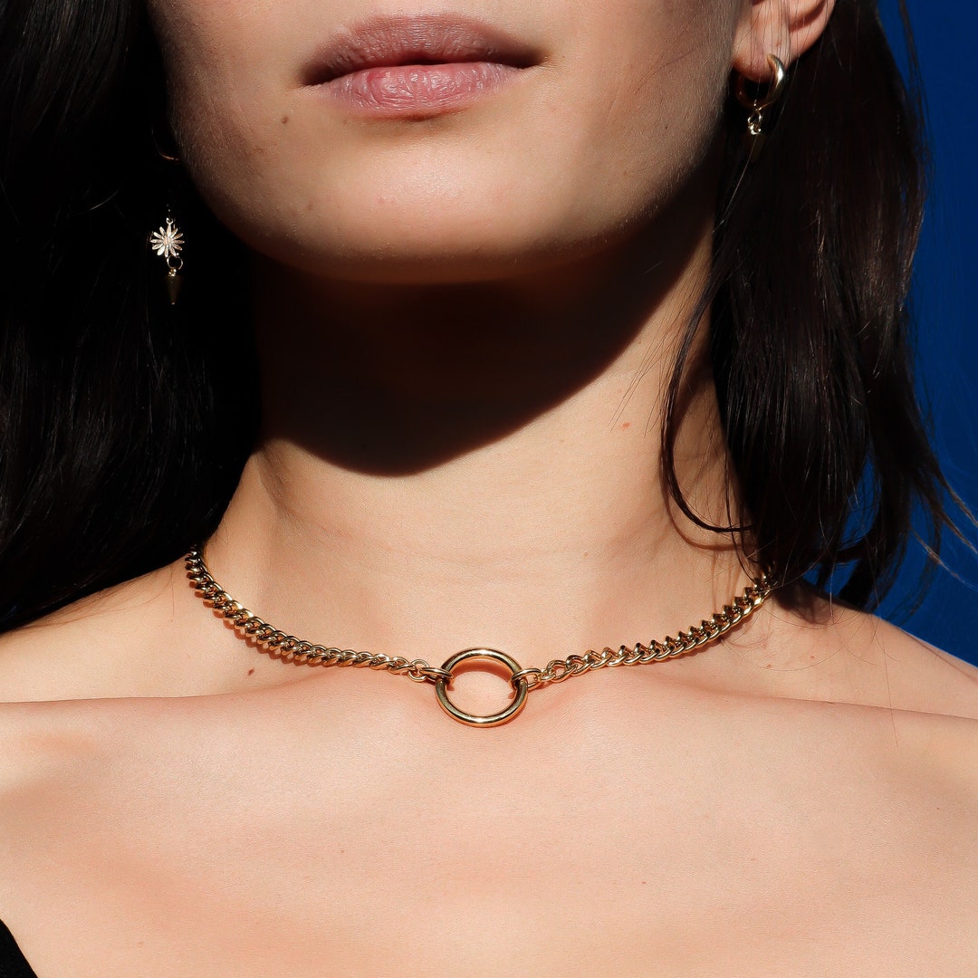 Gold O Ring Adjustable Chain Choker Necklace Minimalist Grunge Punk Alt ...