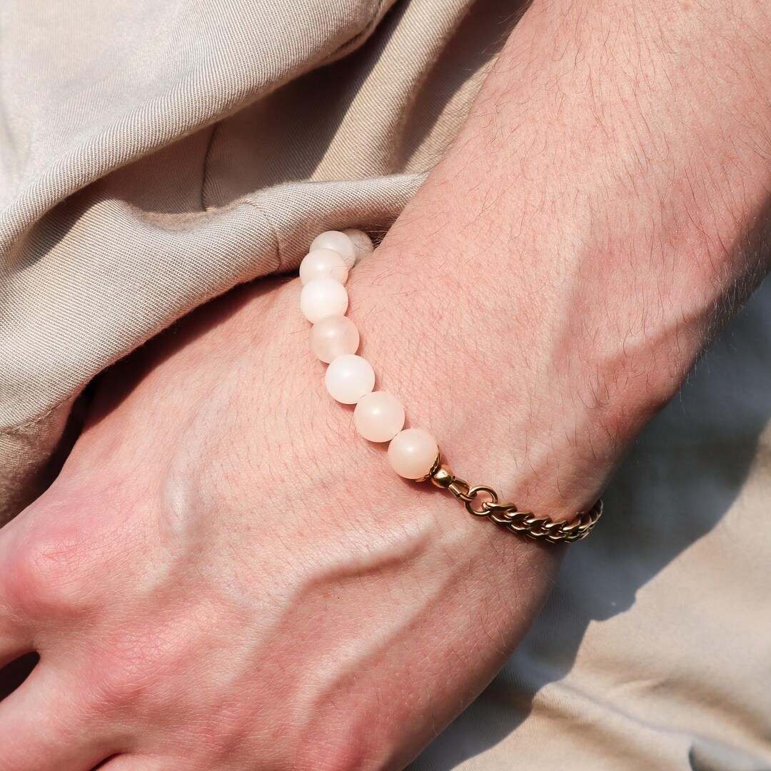 SONA | Hand Made Soft Pink Opal Quartz Stone Bead and Gold Chain ...