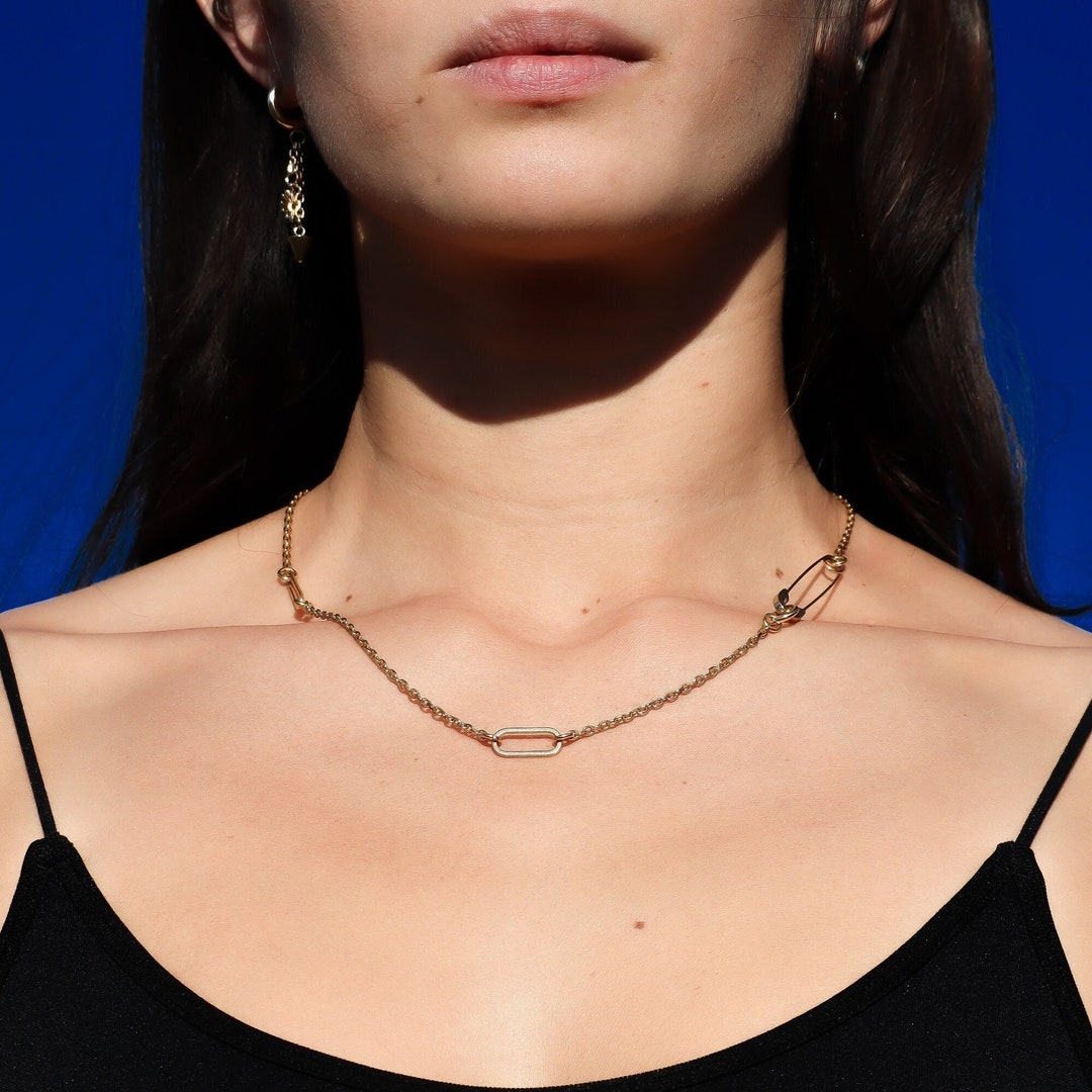 Mew Gold Safety Pin Chain Necklace in Stainless Steel Grunge Punk ...