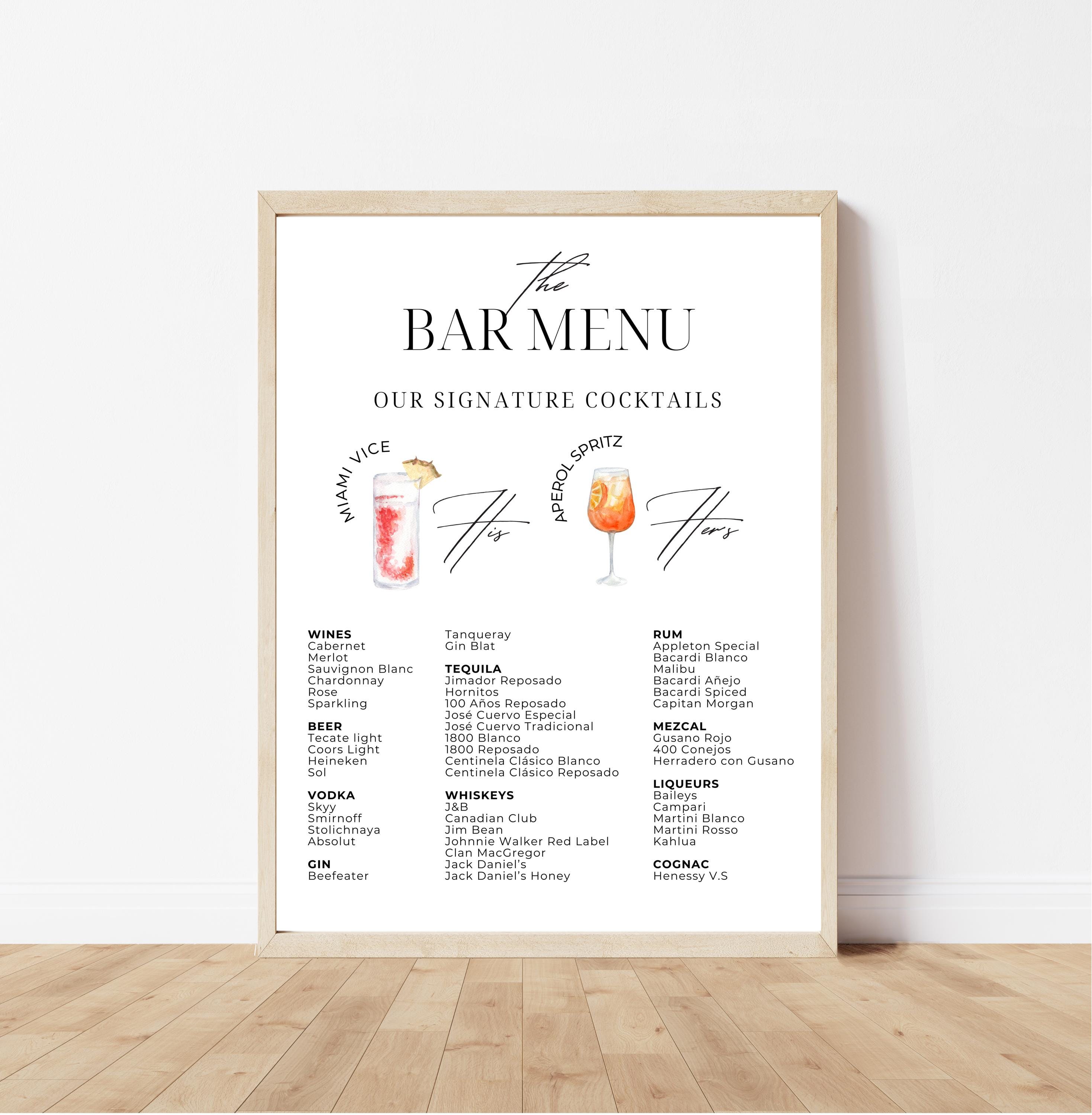 Editable Wedding Bar Menu, His and Hers Watercolor Signature Cocktails ...