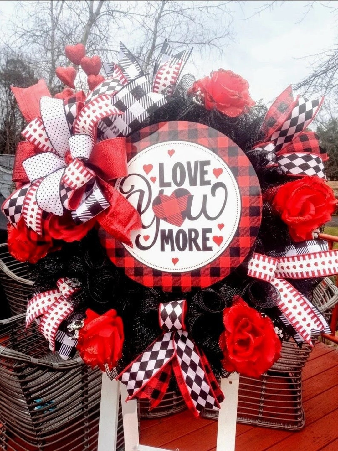 Valentine Rose Heart Wreath,buffalo Plaid Deco Mesh Wreath,black & Red ...