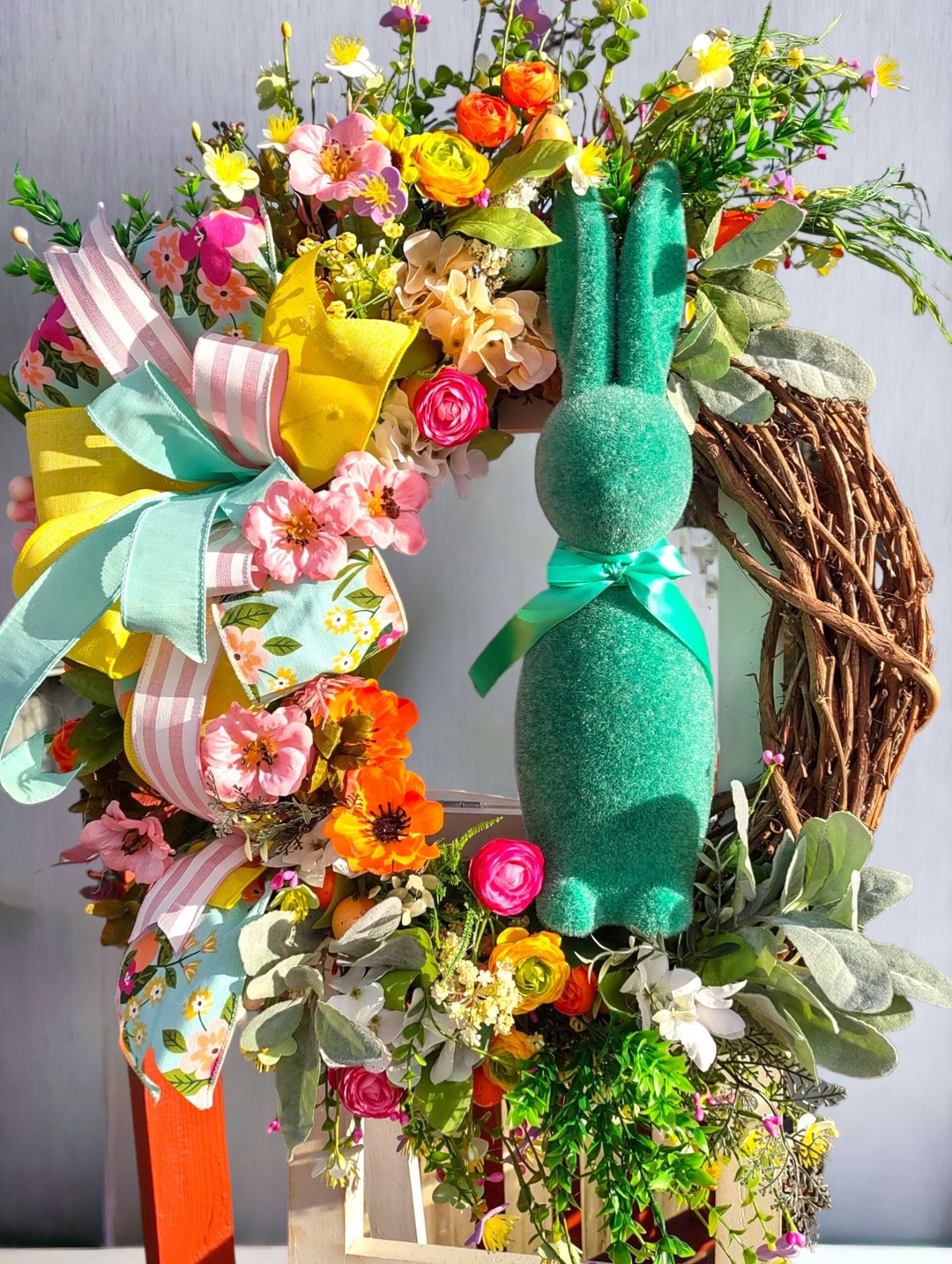 Bunny Front Door Wreath, Flocked Green Easter Bunny Wreath, Flocked ...