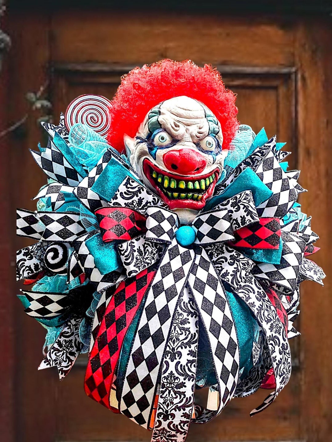 Creepy Clown Halloween Wreath: Red Haired Evil Eye Harlequin Bow Horror ...