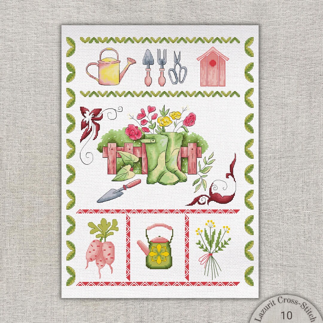 Spring Garden Cross Stitch Sampler - Floral DIY Embroidery Pattern ...
