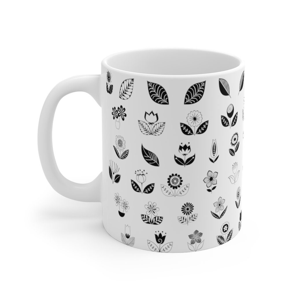 Mug With Flowers Coffee Tea Tisane Black and White Colors Fall Autumn ...
