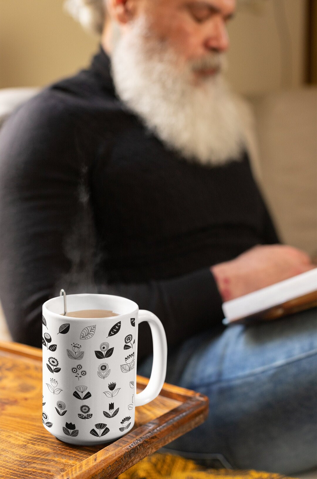 Mug With Flowers - Coffee Tea Tisane - Black and White Colors - Fall ...