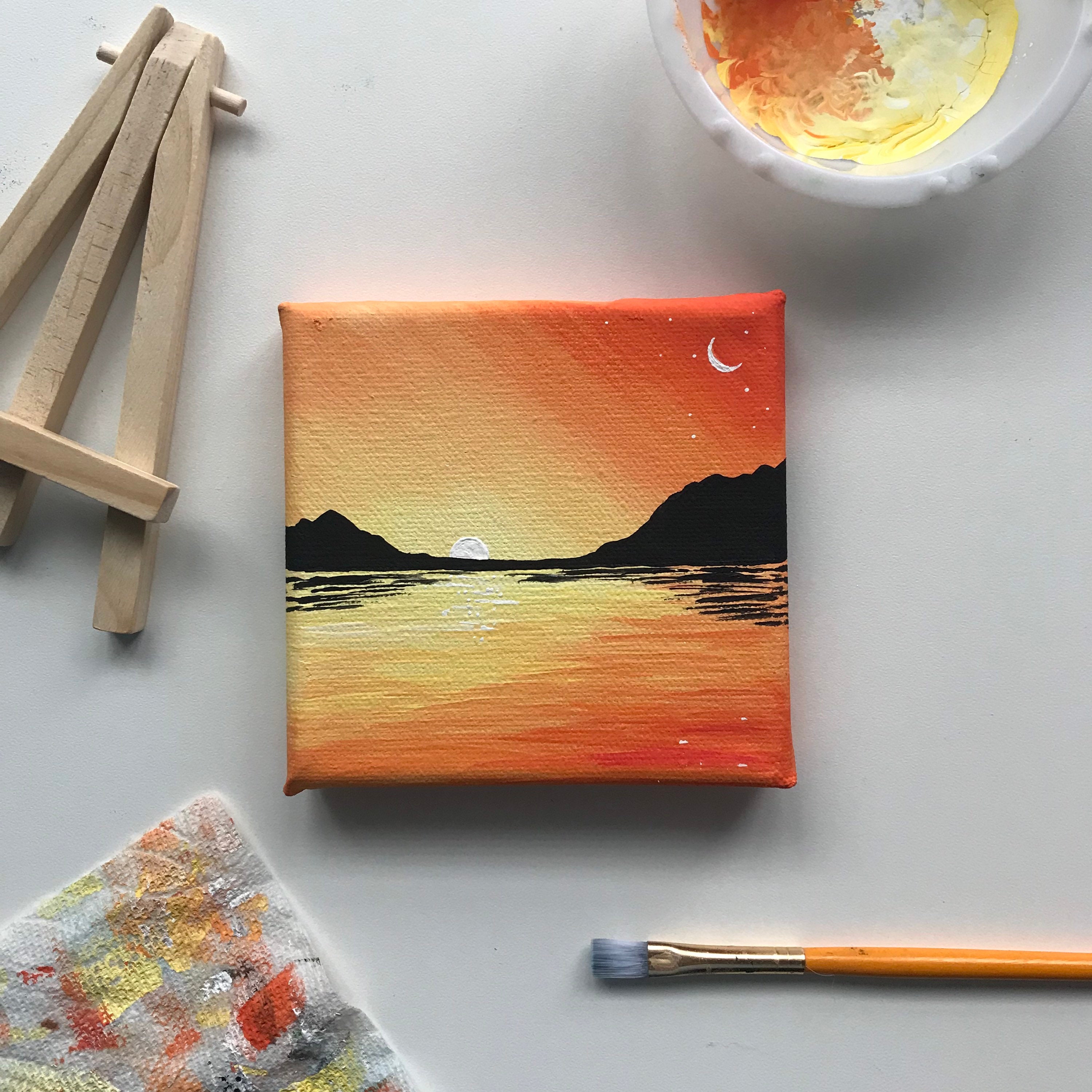 4x4 Mini Canvas Acrylic Painting Orange Fall Sunset // Room Decor ...