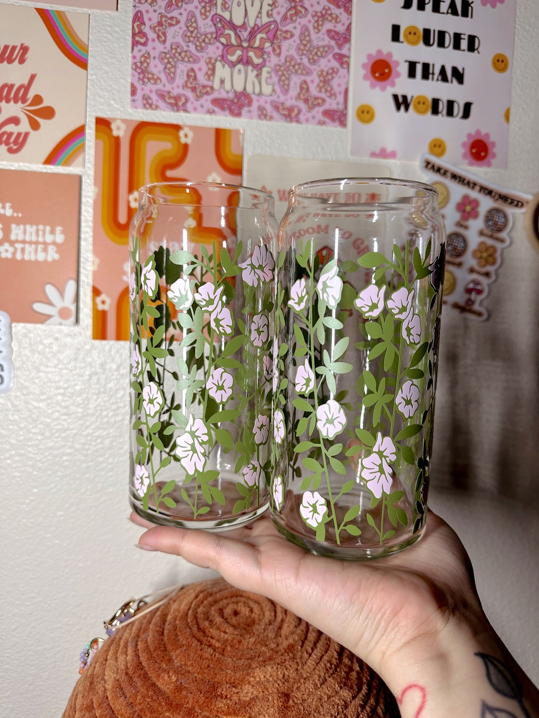 Poppy Garden Glass Cup, Retro Pattern Glass Cup, Trendy Glass Cup ...