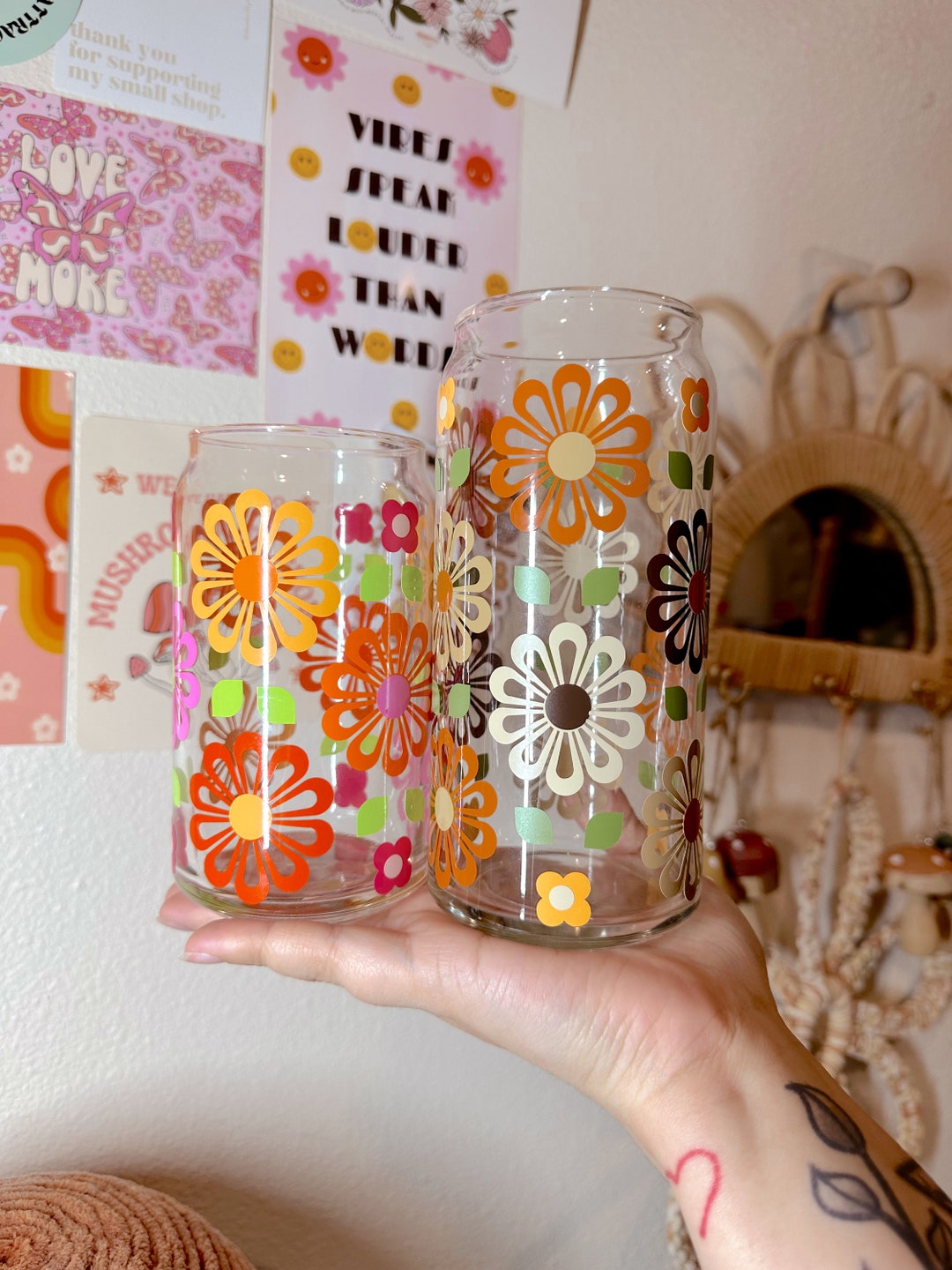Retro Wallpaper Glass Cup, Floral Glass Cup, Retro Glass Cup, Trendy ...